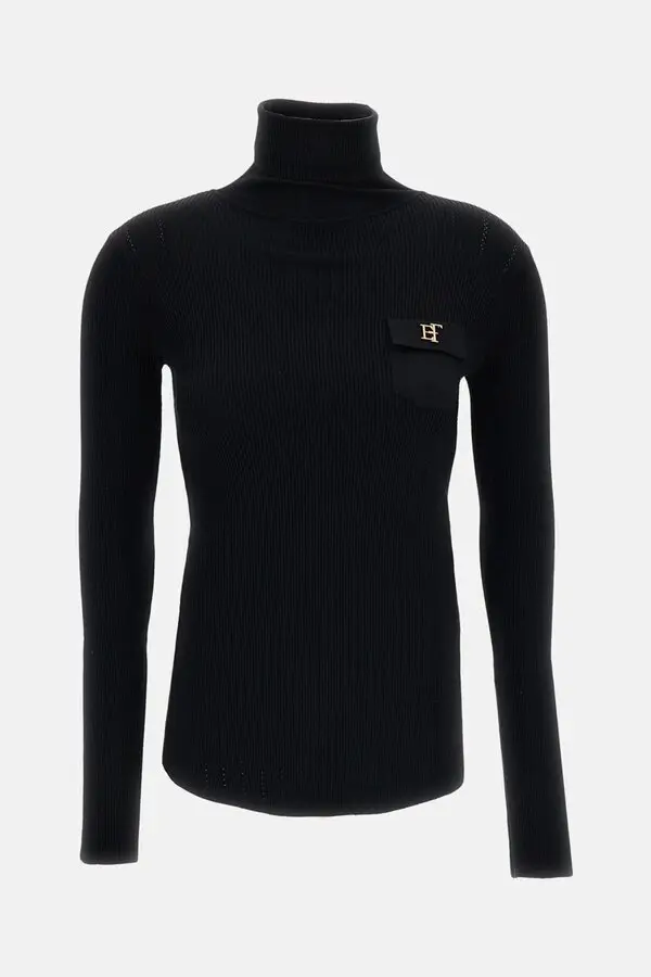 Elisabetta Franchi Ribbed Knit Turtleneck Sweater With Gold Logo Pocket - Nero