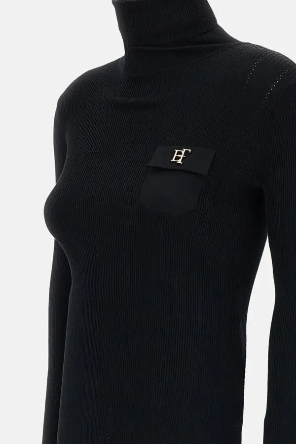 Elisabetta Franchi Ribbed Knit Turtleneck Sweater With Gold Logo Pocket - Nero