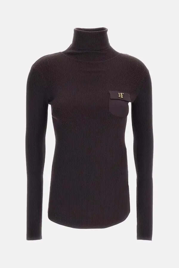 Elisabetta Franchi Turtleneck Ribbed Knit Sweater With Logo Pocket - Marrone