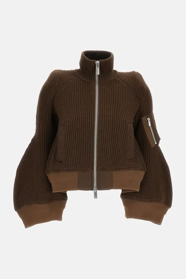 Sacai Cropped Wool-knit Jacket With High Collar And Zip Closure - Brown