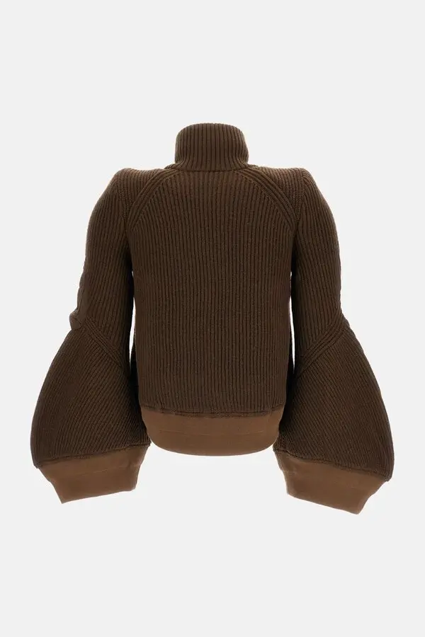 Sacai Cropped Wool-knit Jacket With High Collar And Zip Closure - Brown