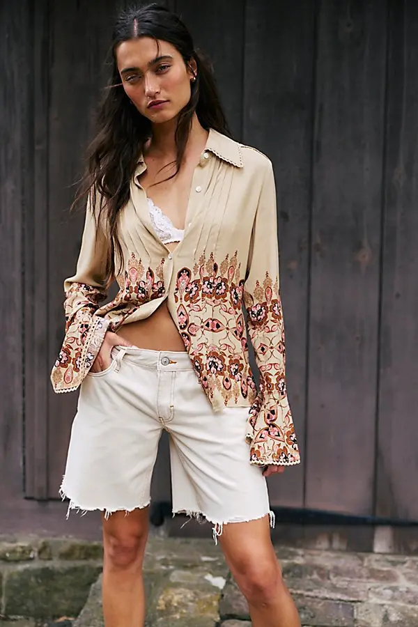 Free People Melrose Printed Button Down Top - Tan Combo