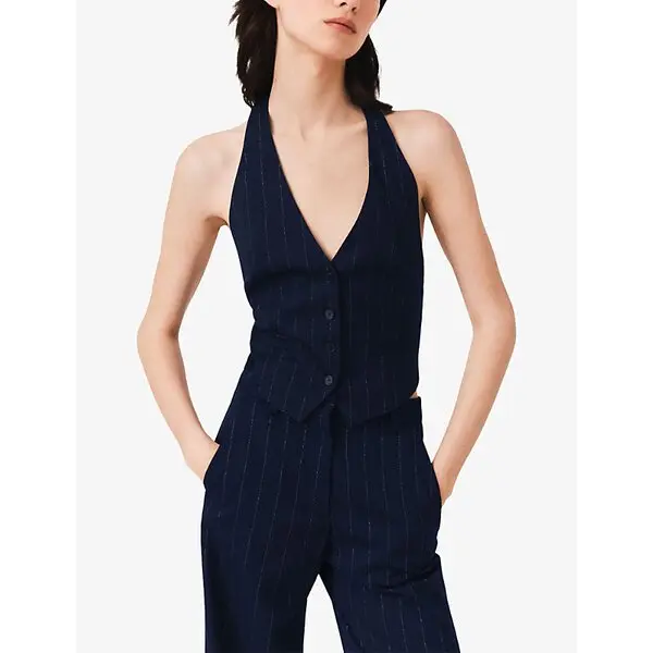 Maje Halterneck Backless Pinstripe Wool-blend Top