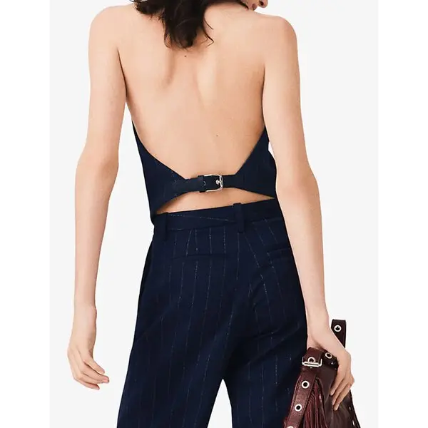 Maje Halterneck Backless Pinstripe Wool-blend Top