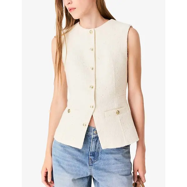 Maje Sleeveless Tweed Waistcoat With Gold-toned Crest Buttons
