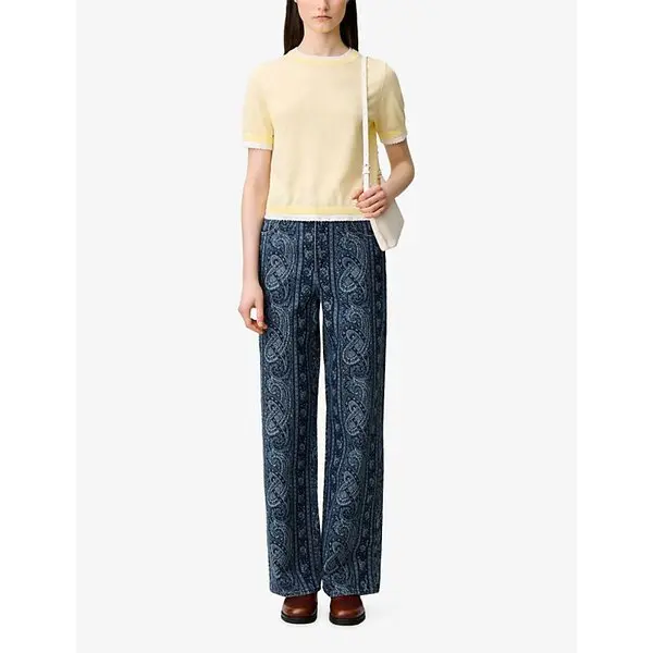 Claudie Pierlot Short-sleeve Cotton-blend Jumper With Contrasting Scalloped Trims