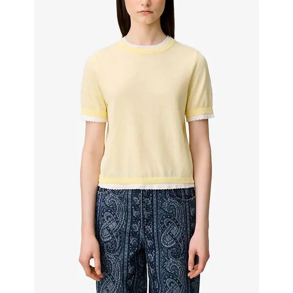 Claudie Pierlot Short-sleeve Cotton-blend Jumper With Contrasting Scalloped Trims