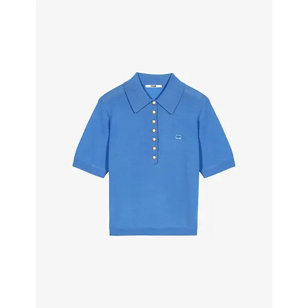Maje Brand-embroidered Short-sleeve Wool Polo Jumper - Blue