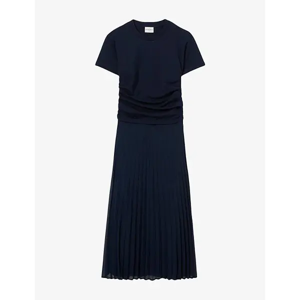 Claudie Pierlot Trompe Pleated Woven Midi Dress - Navy