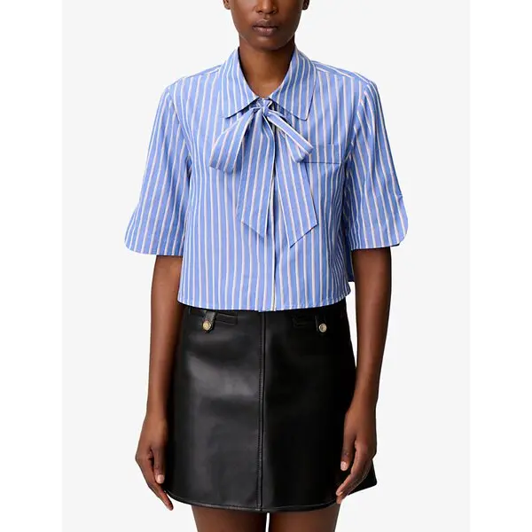 Claudie Pierlot Striped Cotton Shirt With Pussy-bow Collar