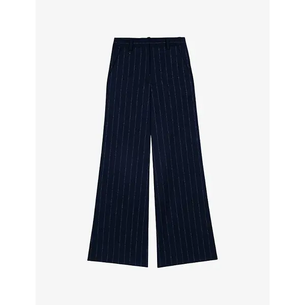 Maje Stripe-print High-rise Palazzo Wool-blend Suit Trousers - Navy