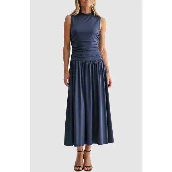 QUINCY MAE Ruched Mock Neck Drop Waist Fit & Flare Midi Dress - Navy