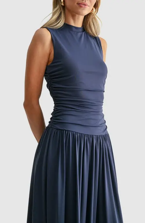 QUINCY MAE Sleeveless Mock Neck Drop Waist Midi Dress - Navy