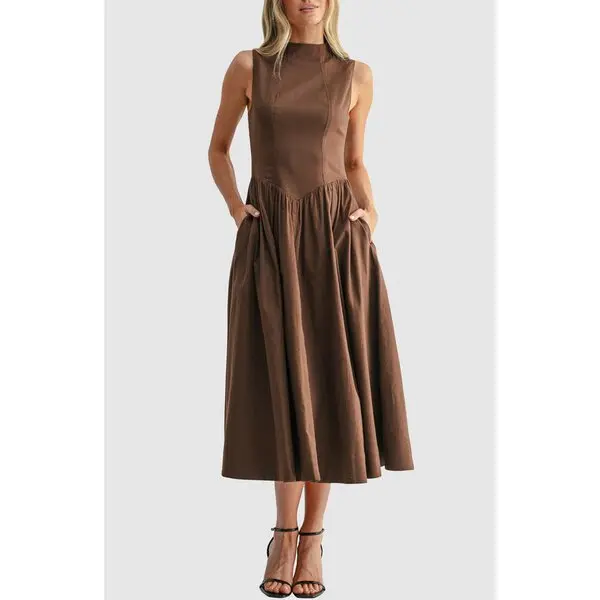 QUINCY MAE Mock Neck Drop Waist Fit & Flare Midi Dress - Brown