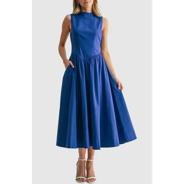 QUINCY MAE Mock Neck Drop Waist Fit & Flare Midi Dress - Cobalt