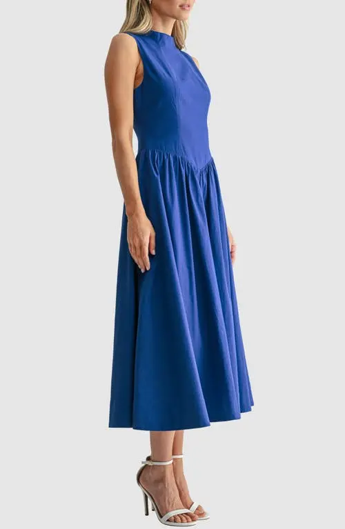 QUINCY MAE Mock Neck Drop Waist Midi Dress - Cobalt