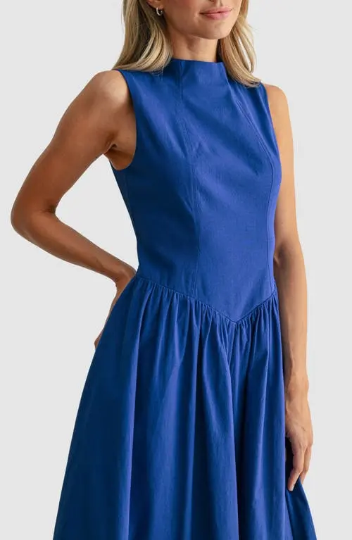 QUINCY MAE Mock Neck Drop Waist Midi Dress - Cobalt