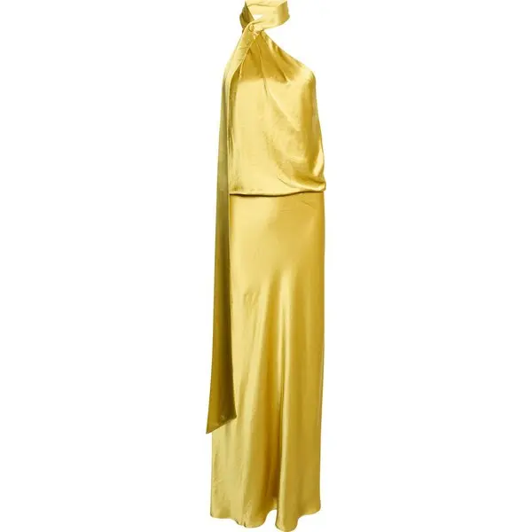 Staud Estelle Crepe Back Satin Asymmetric Halter Neck Dress