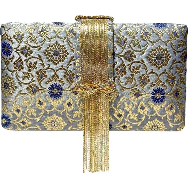 SIMITRI Brocade Clutch With Metallic Fringe And Chain Strap - Empress