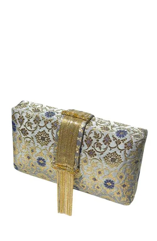SIMITRI Brocade Clutch With Metallic Fringe And Chain Strap
