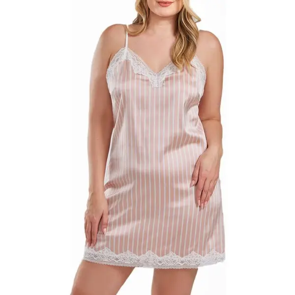 ICOLLECTION Striped Satin Chemise With Lace Trim