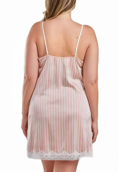 ICOLLECTION Striped Satin Chemise With Lace Trim
