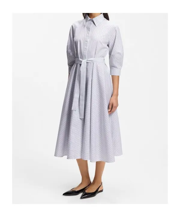 Hugo Boss Striped Cotton Poplin Shirt Dress With Self-tie Belt And Three-quarter Length Sleeves