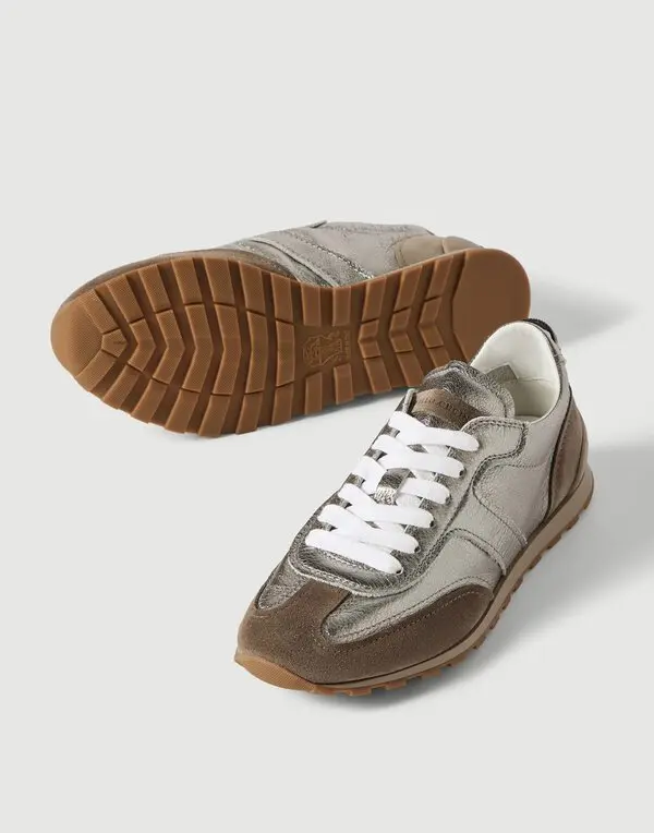 Brunello Cucinelli Lamé Calfskin And Suede Runners With Shiny Loop