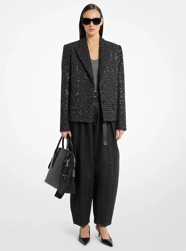 Michael Kors Sequined Denim Tweed Cropped Blazer