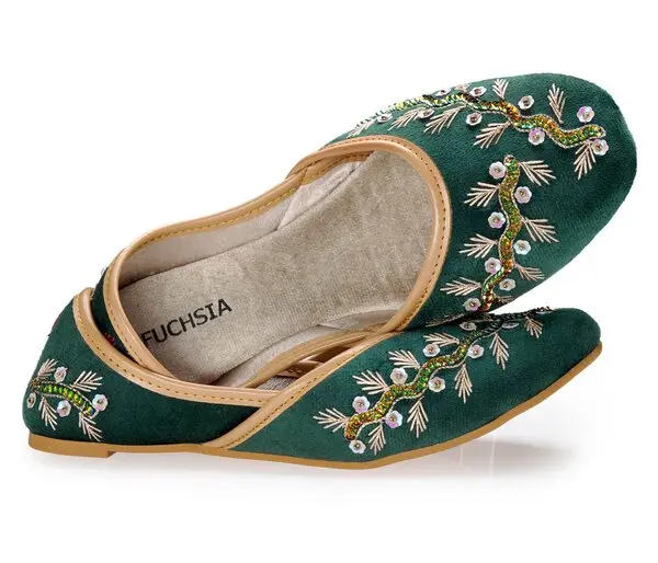 FUCHSIA SHOES Rania Handcrafted Emerald Velvet Jutti Flats - Green