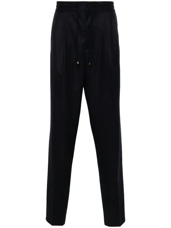 Brunello Cucinelli Wool Flannel Leisure Fit Trousers With Drawstring And Double Pleats - Blue
