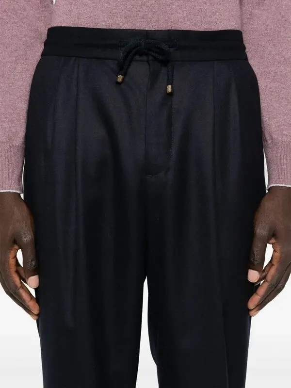 Brunello Cucinelli Wool Flannel Leisure Fit Trousers With Drawstring And Double Pleats - Blue