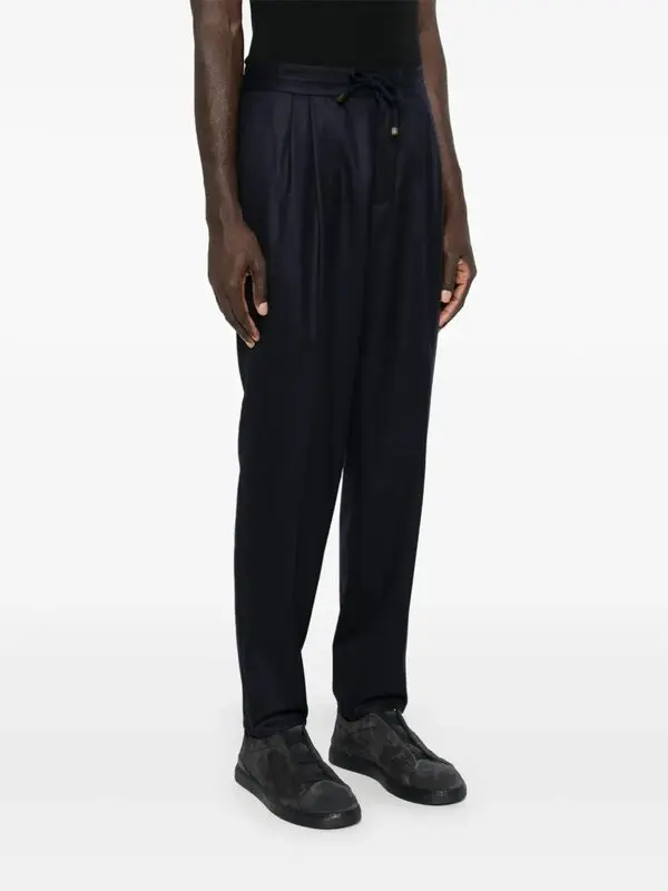 Brunello Cucinelli Wool Flannel Leisure Fit Trousers With Drawstring And Double Pleats - Blue