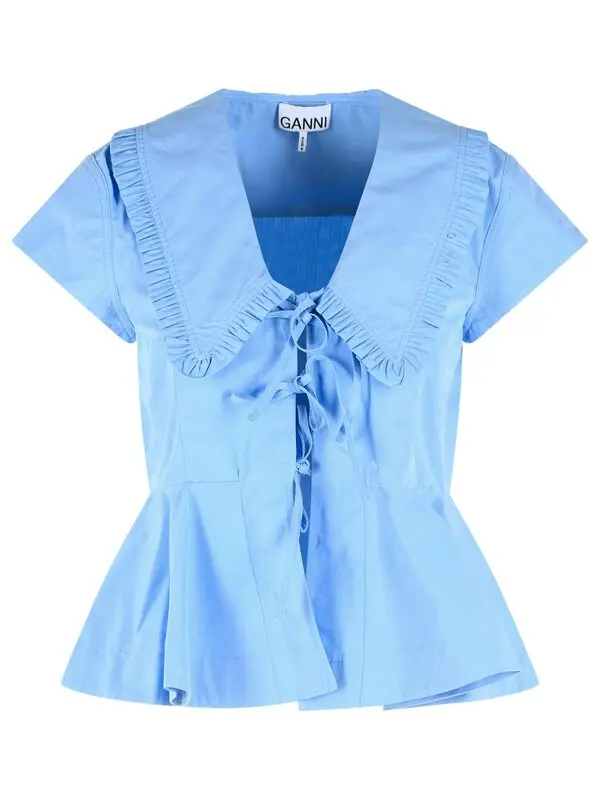 GANNI Cotton Poplin Blouse With Ornate Collar And Lace-up Closure - Blue
