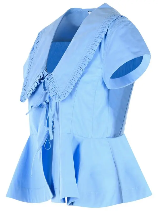 GANNI Cotton Poplin Blouse With Ornate Collar And Lace-up Closure - Blue