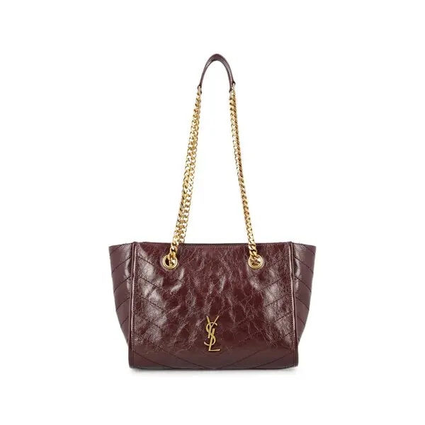 Saint Laurent Burgundy Leather Chevron Quilted Tote Bag - Red