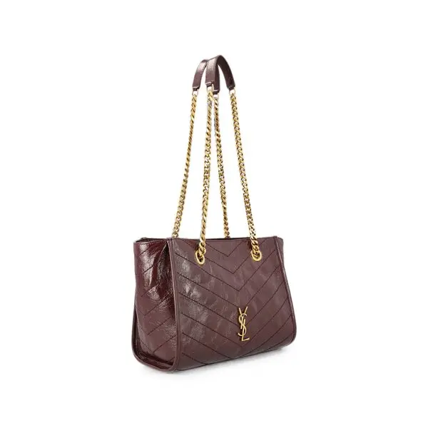 Saint Laurent Burgundy Leather Chevron Quilted Tote Bag - Red