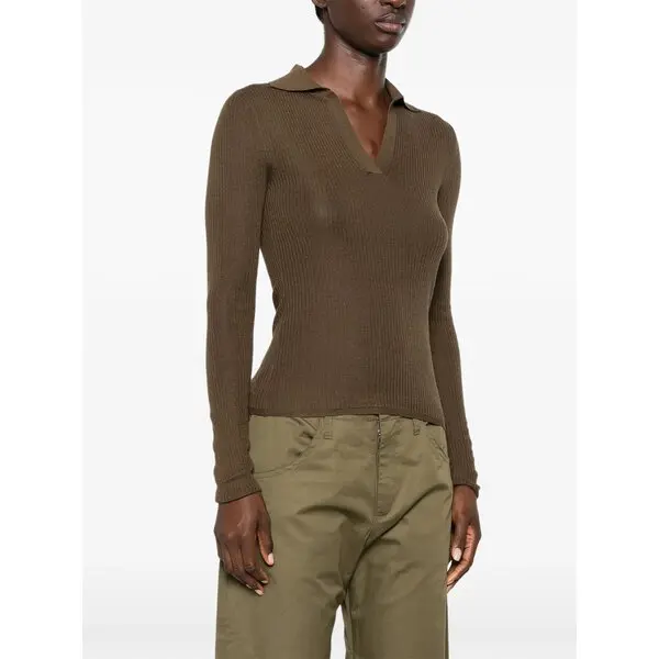 Max Mara Ribbed Knit V-neck Long Sleeve Pullover - Brown