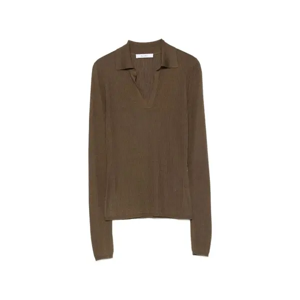 Max Mara Ribbed Knit V-neck Long Sleeve Pullover - Brown