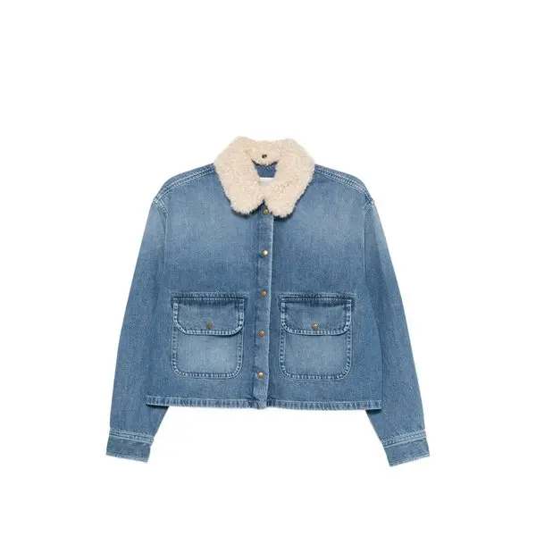 Moncler Denim Jacket With Shearling Collar - Blue