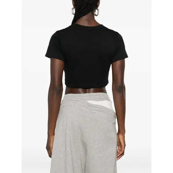 Attico Cropped Jersey Top With Corset Panelling And Embroidered Logo - Black