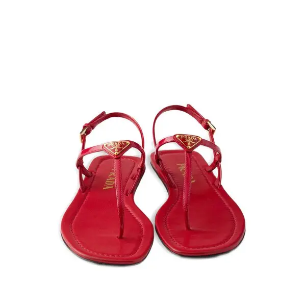 Prada Patent Leather Sandals With Metal Buckle And Triangle Logo - Red