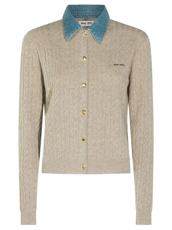 Miu Miu Denim-collar Cable-knit Cashmere Cardigan