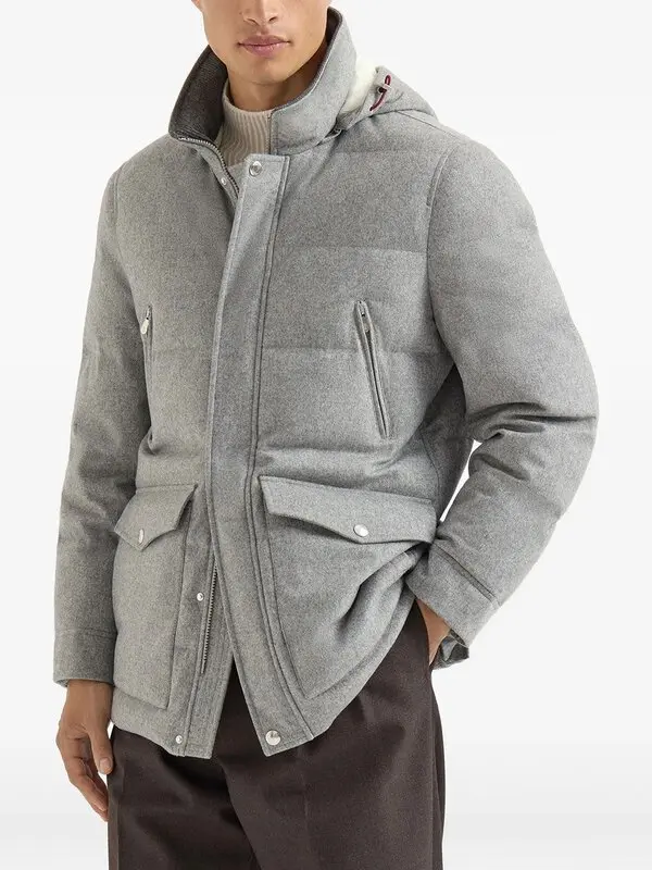 Brunello Cucinelli Bonded Wool Flannel Down Parka With Detachable Hood