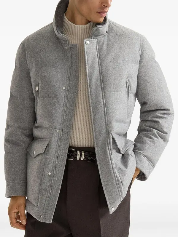 Brunello Cucinelli Bonded Wool Flannel Down Parka With Detachable Hood