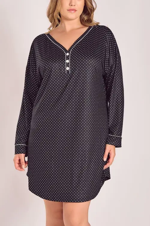 ICOLLECTION Microfiber Knit Sleep Shirt With Functional Buttons - Black