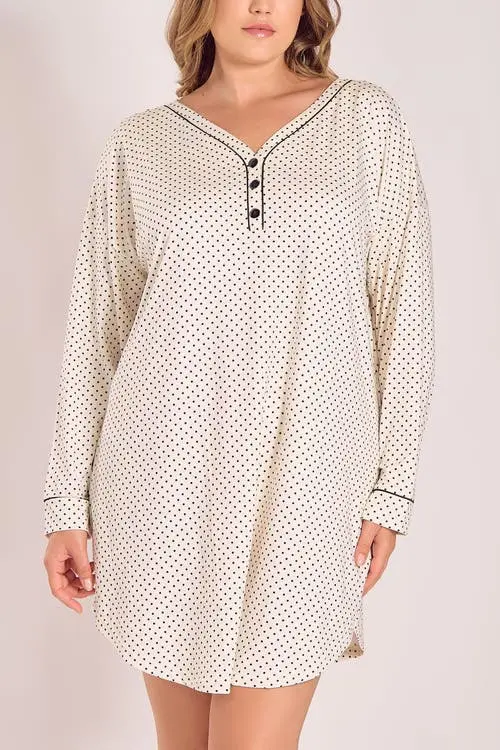 ICOLLECTION Microfiber Knit Sleep Shirt With Functional Buttons - Ivory