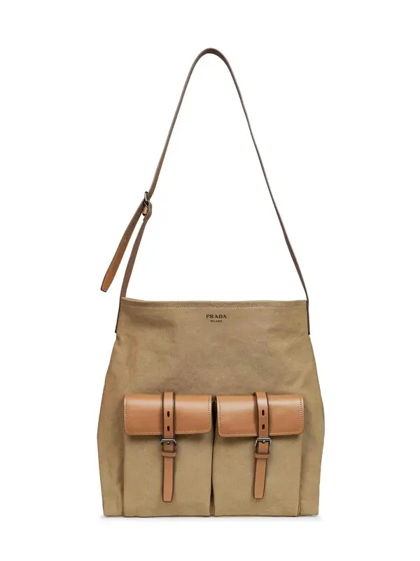 Prada Khaki Canvas Crossbody Bag With Leather Accents - Multicolor
