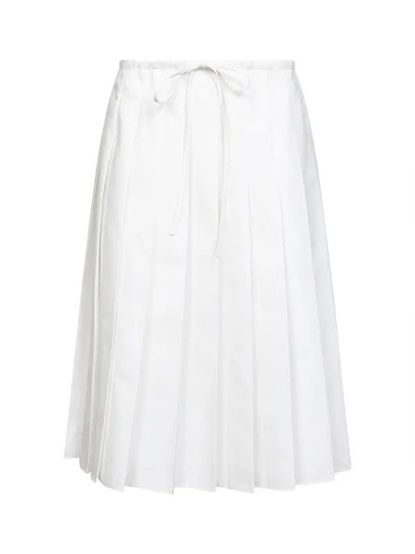 Prada Pleated Midi Skirt In White Technical Cotton Blend - Multicolor