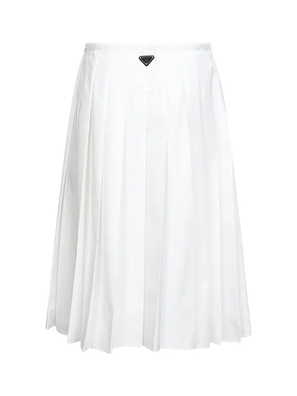 Prada Pleated Midi Skirt In White Technical Cotton Blend - Multicolor